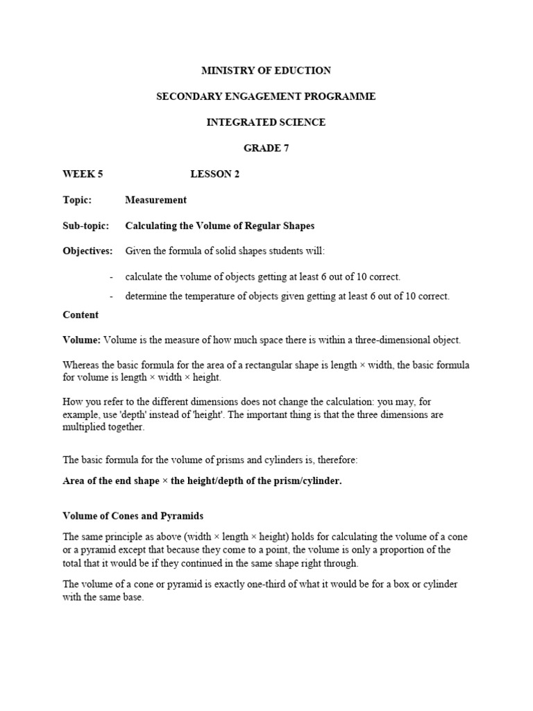 Calculating Volume of Regualr Shapes Week 5 Lesson 2 | PDF ...