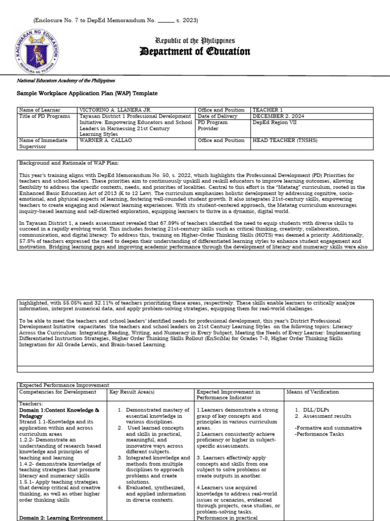 Workplace Application Plan WAP Template Tayasan 1 | PDF | Learning | Differentiated Instruction