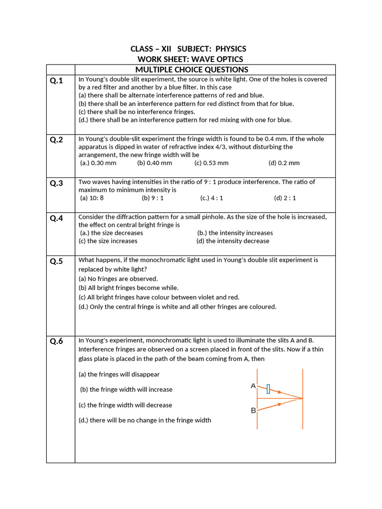 Worksheet Wave Opticss | PDF | Diffraction | Scientific Phenomena