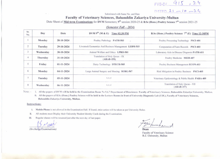 Date Sheet Revised 9th Semester Fall 2024 | PDF