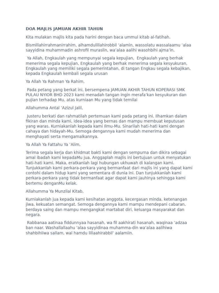 Doa Majlis Jamuan Akhir Tahun 2023 | PDF