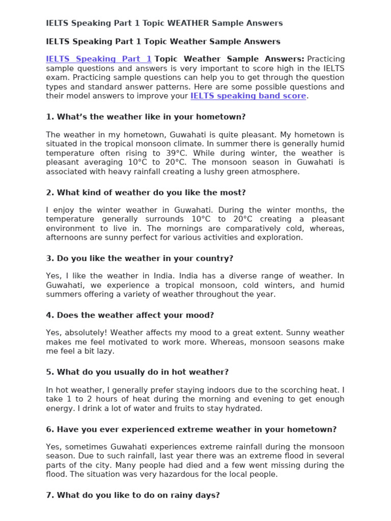 IELTS Speaking Part 1 Topic WEATHER Sample Answers | PDF | Weather ...