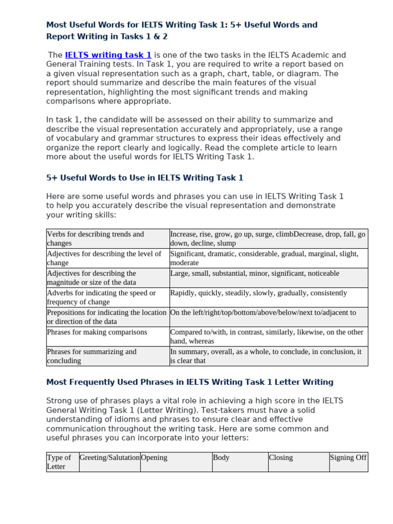 Most Useful Words for IELTS Writing Task 1 | PDF | Vocabulary | International English Language ...