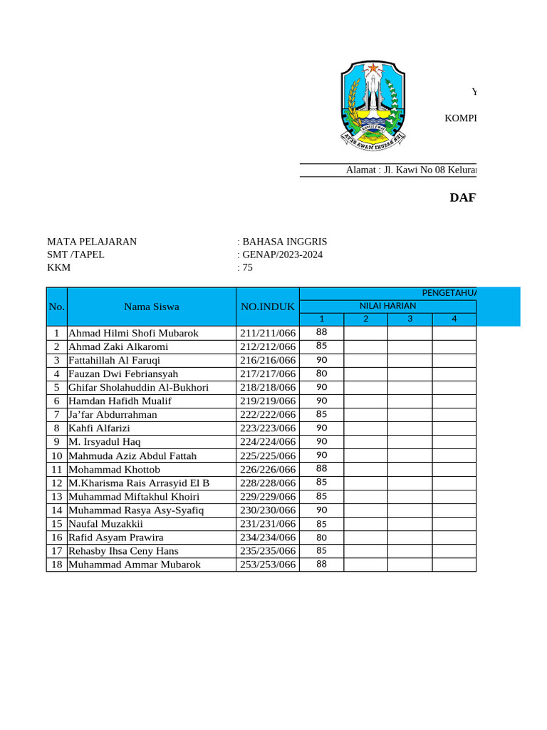 Daftar Nilai Kelas 12 Mapel (........... ) | PDF