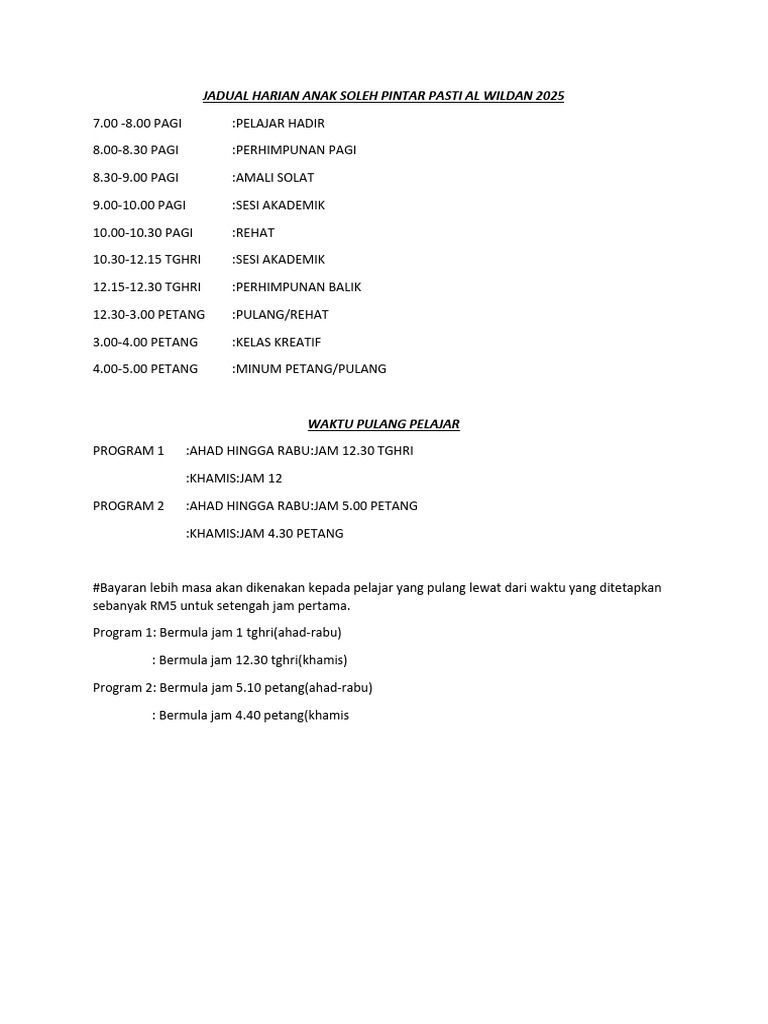 Jadual Pasti Al Wildan 2025 | PDF
