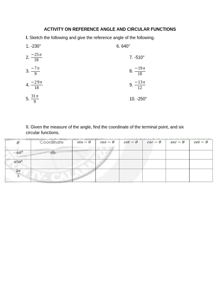 Activity On Reference Angle and Circular Functions | PDF