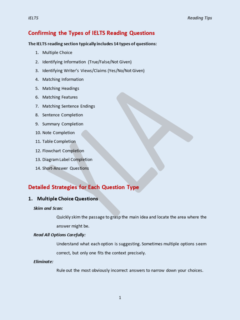 Types of IELTS Reading Questions | PDF | International English Language ...