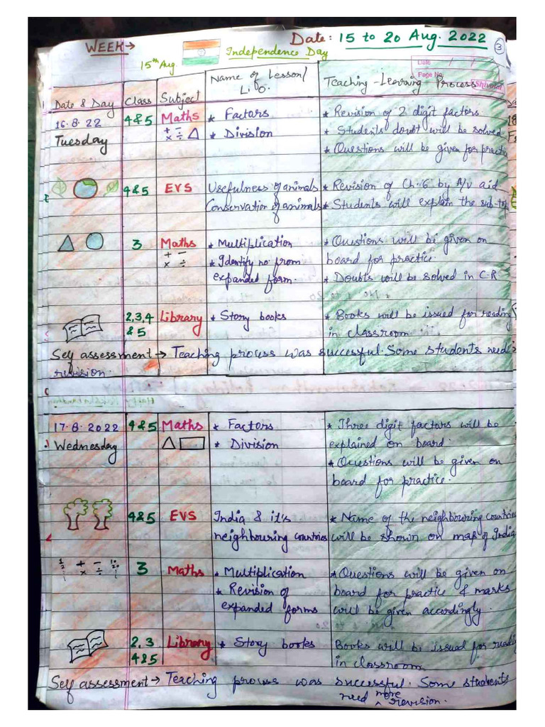 15 To 20 August Teacher Diary in English | PDF