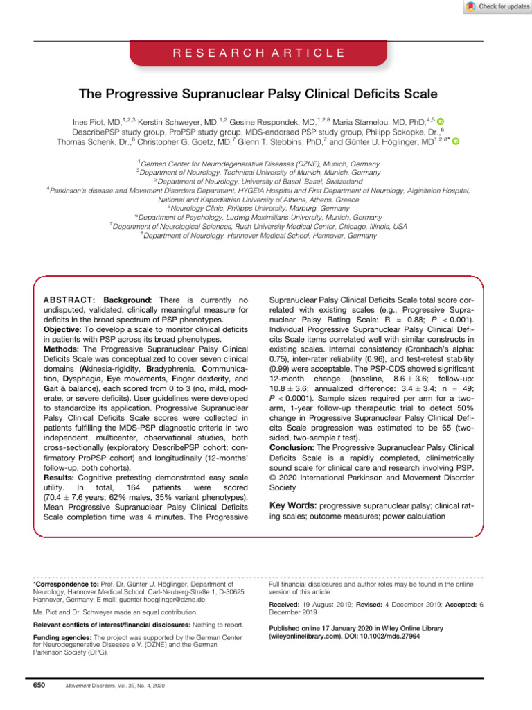 Movement Disorders - 2020 - Piot - The Progressive Supranuclear Palsy ...