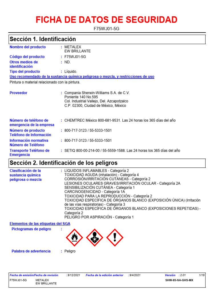 Ficha de Seguridad METALEX EW Brillante | PDF | Agua
