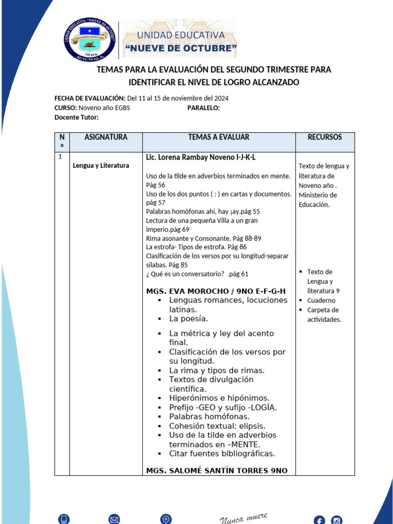 9no Año Temas Del Examen Del Segundo Trimestre | PDF | Poesía | Rima