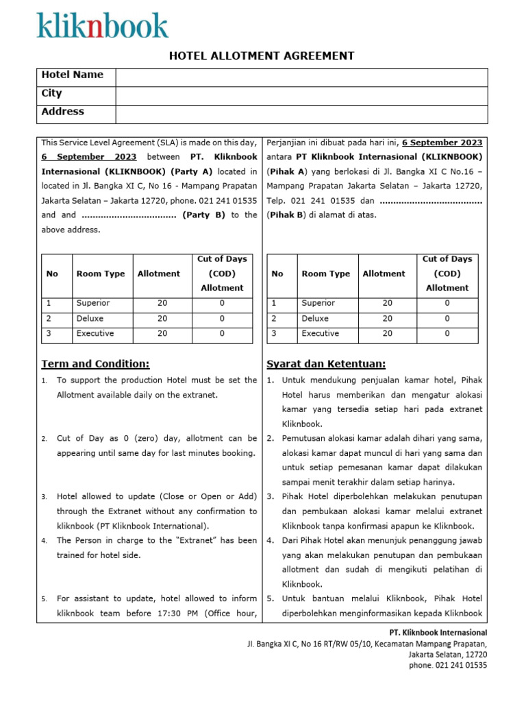 New Form Hotel Allotment Agreement - Bilingual | PDF