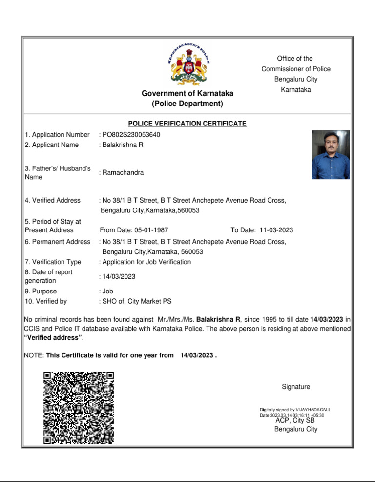 Karnataka Police Verification Certificate | PDF