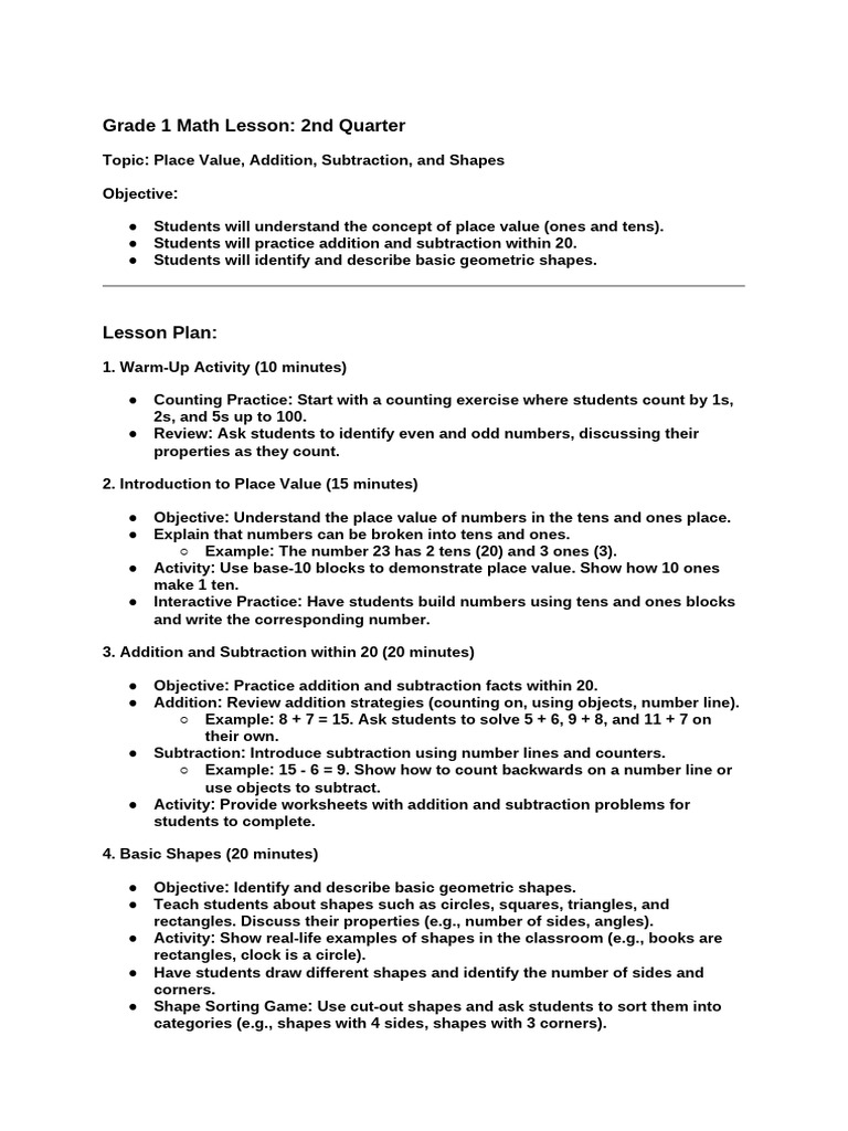 Grade 1 Math Lesson - 1st Quarter | PDF | Shape | Mathematics