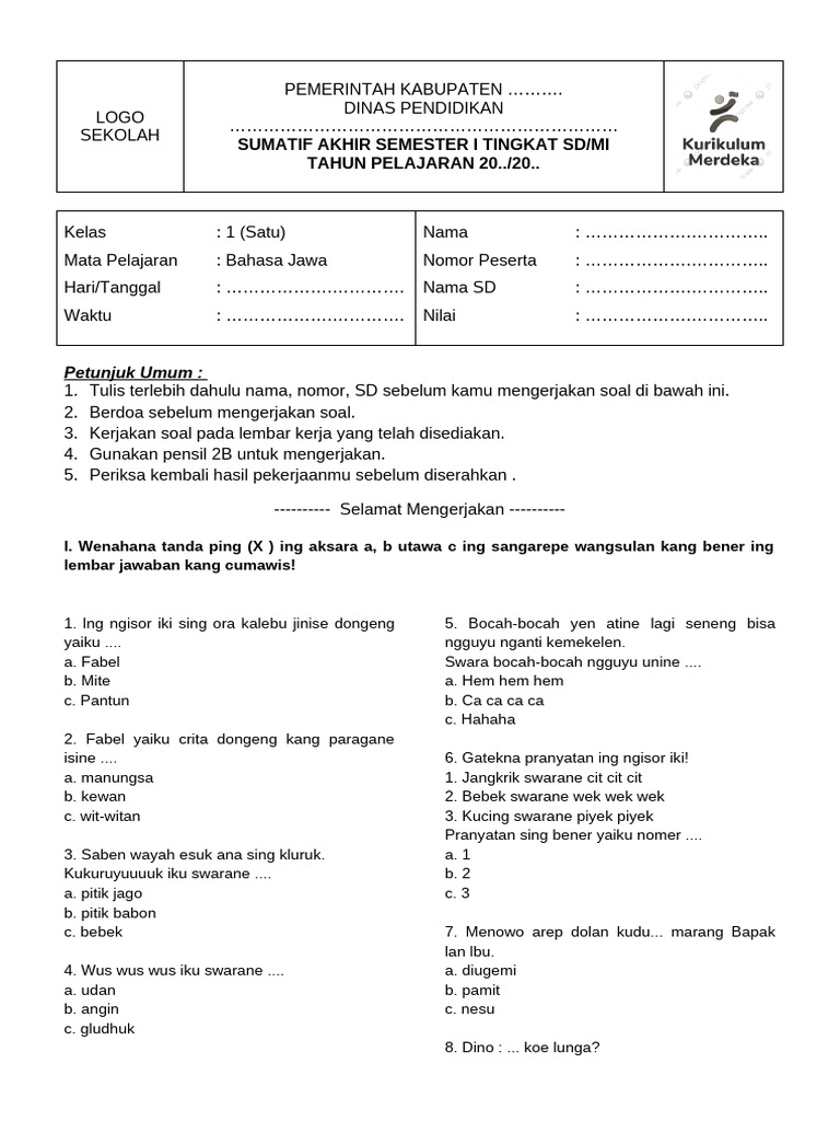 SAS Bahasa Jawa Kelas 1 SEM 1 | PDF