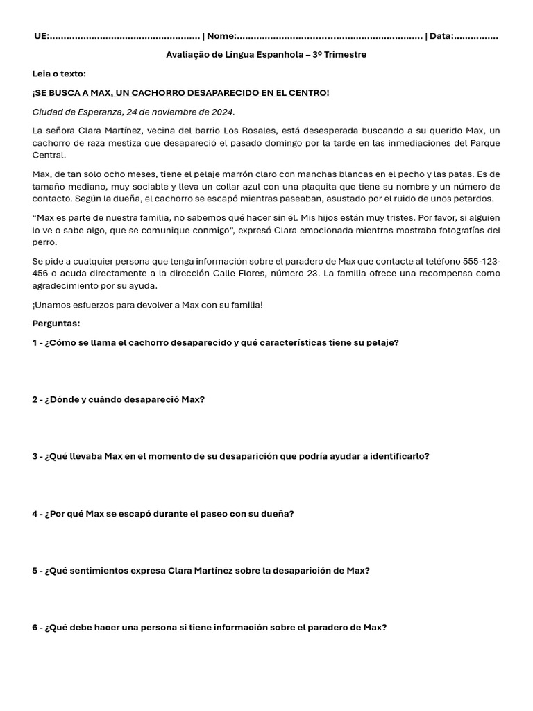 Avaliação de Espanhol 3º Trimestre Final 7º Ano | PDF