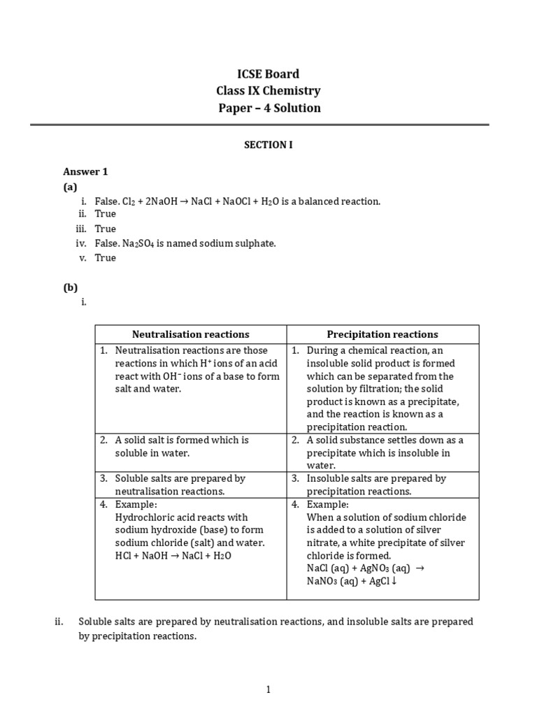 Chemistry 9 Icse Sample Paper 4 Solution | PDF | Precipitation (Chemistry) | Sodium Chloride