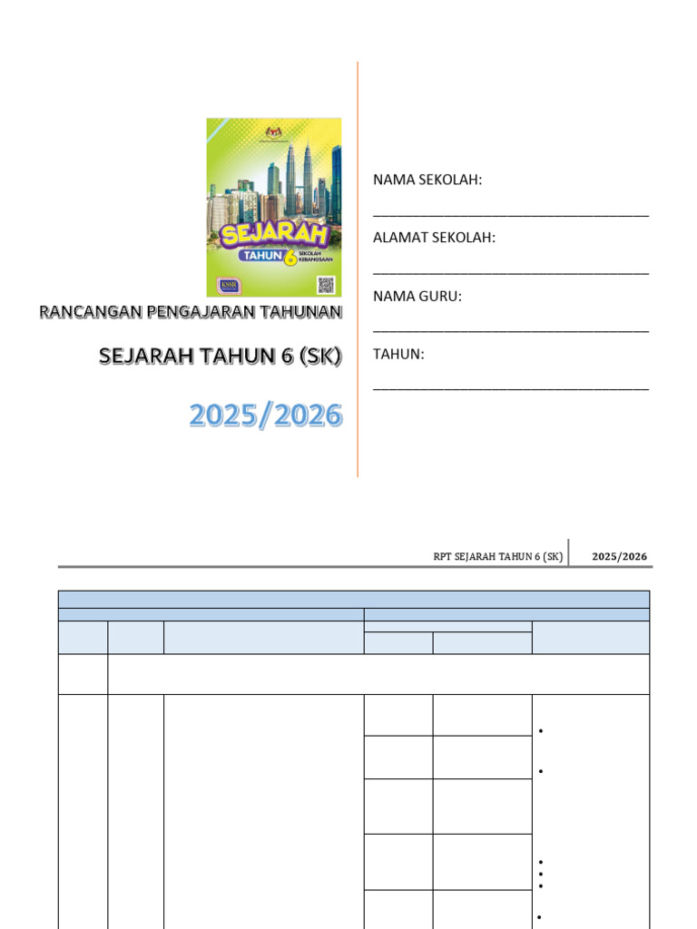 RPT SEJARAH THN 6 (SK) 2025-2026 By Rozayus Academy (Kump B) | PDF