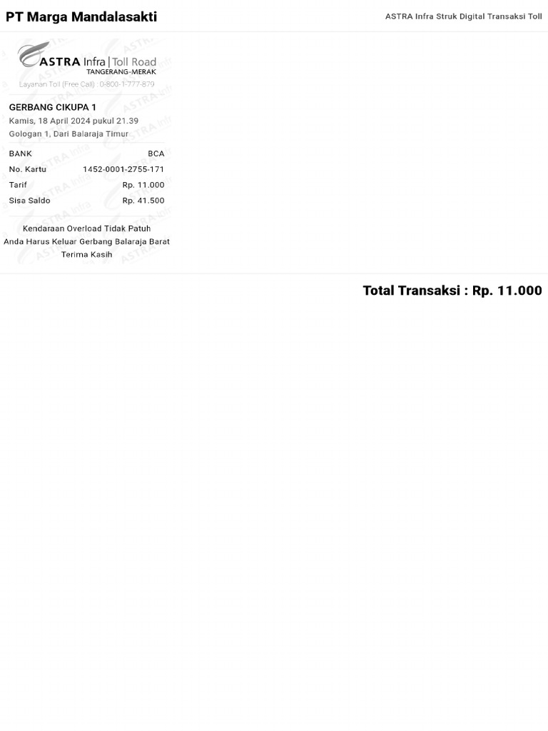 ASTRA Infra Struk Digital Transaksi Toll - 2024418214123 | PDF