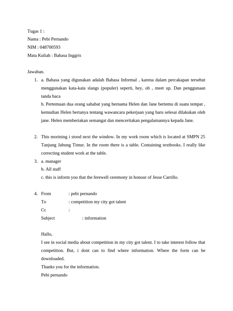 Tugas 1 Bahasa Inggris Pebi Pernando 048700593 | PDF