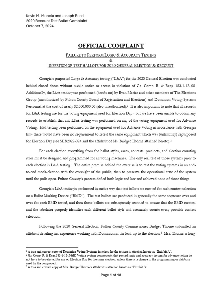 No Logic & Accuracy Testing and Test Ballots Were Counted Complaint ...