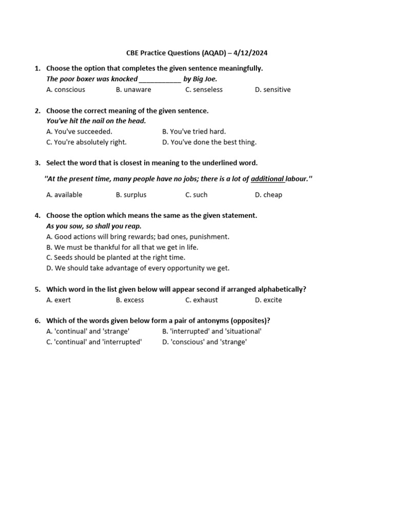 CBE Practice Questions AQAD - 4th December | PDF