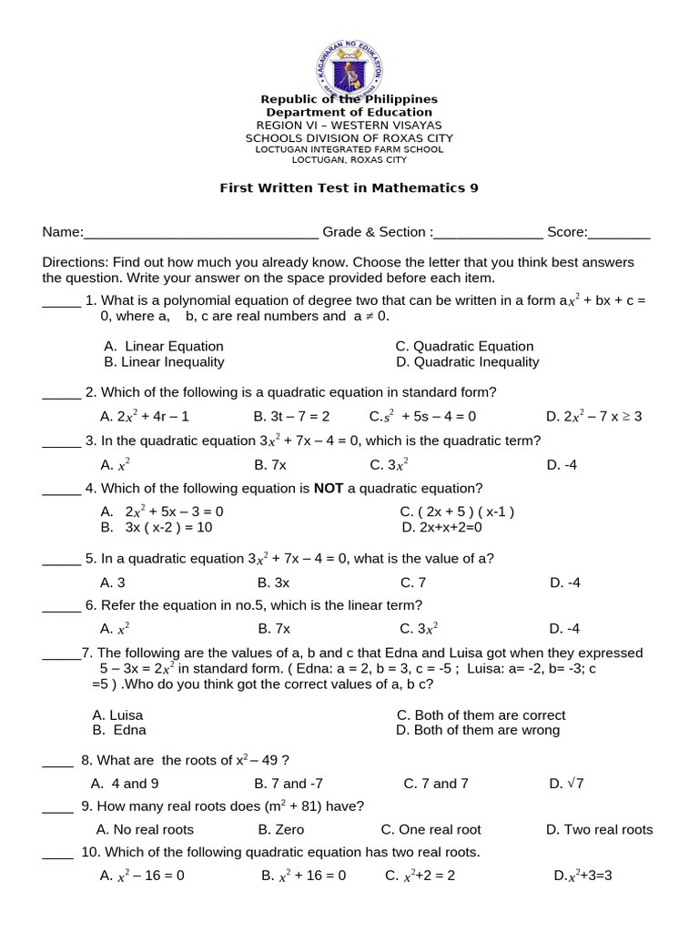 Q1 Math 9 1st Summative Test 24-25 | PDF | Equations | Quadratic Equation