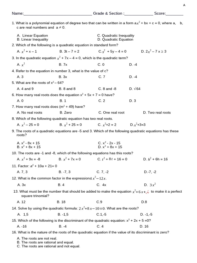 Q1 MATH 9 SET A | PDF | Quadratic Equation | Equations