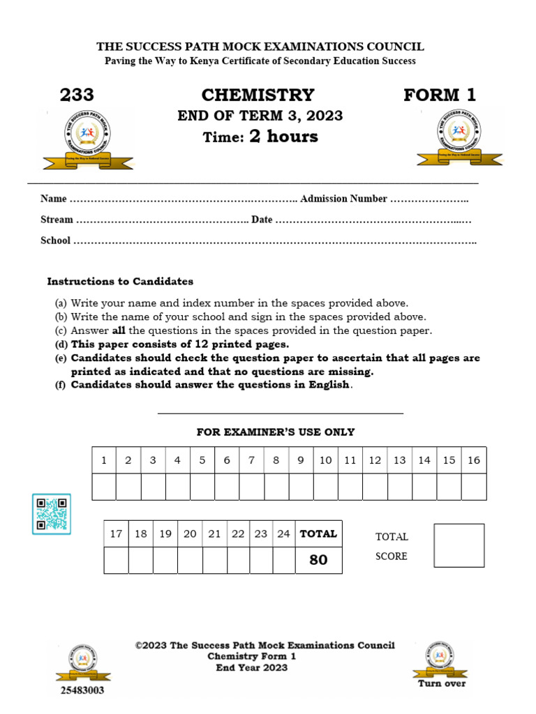 CHEM F1 TERM 3 2023 | PDF | Physical Chemistry | Physical Sciences