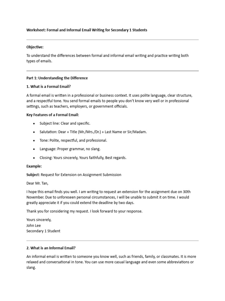 Worksheet For Formal and Informal Email Writing | PDF