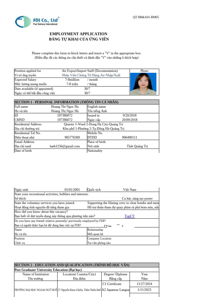 QT - hr&A01-BM05-Bang Tu Khai Cua Ung Vien | PDF