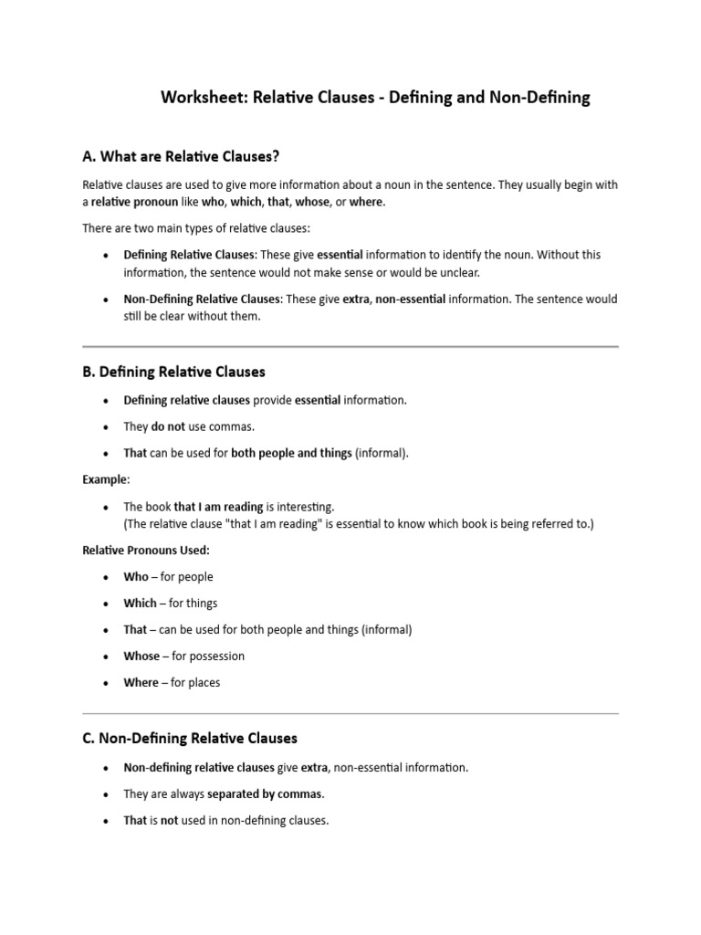 Worksheet For Relative Clauses | PDF | Clause | Language Mechanics