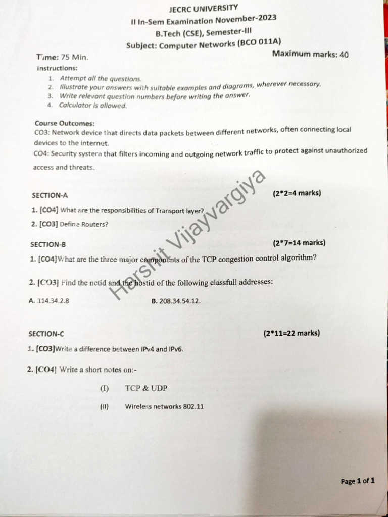 PYQ 2nd Insem 3rd Semester BTech | PDF | Computer Network | Computing