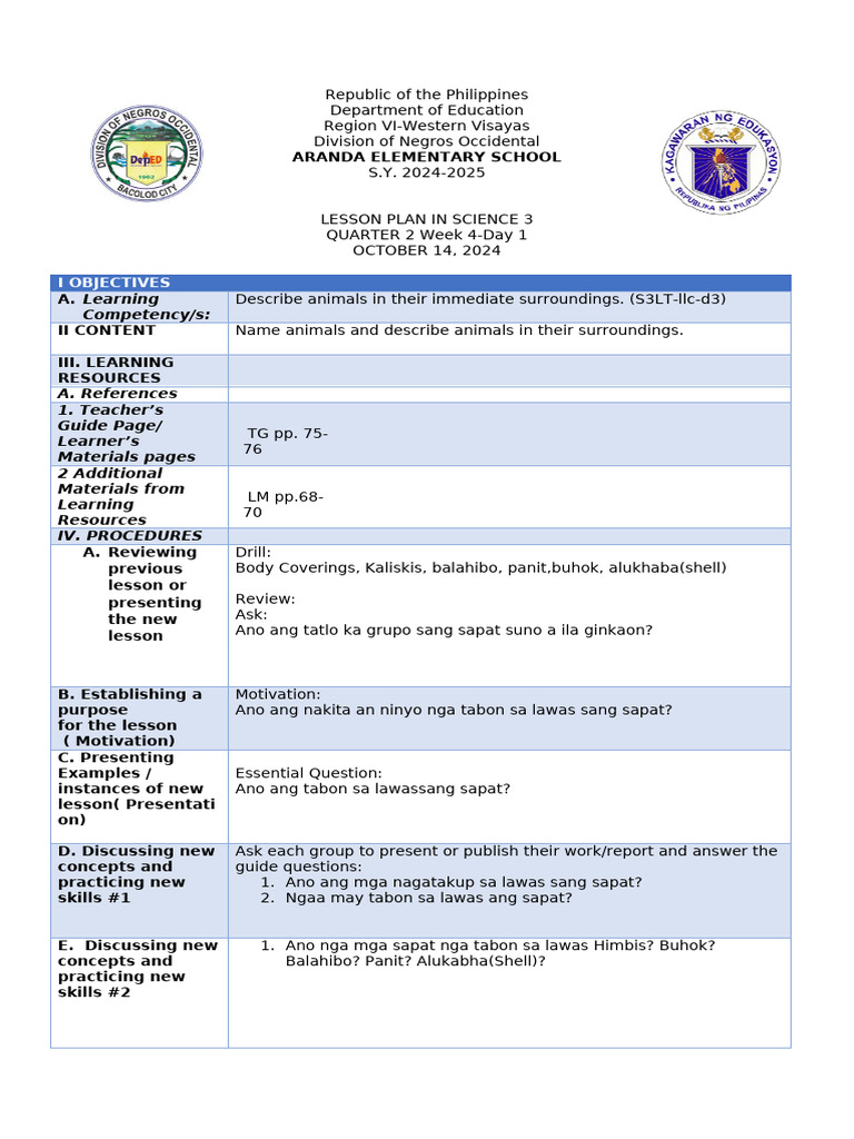 SCIENCE 3 WEEK 7 | PDF | Learning | Lesson Plan
