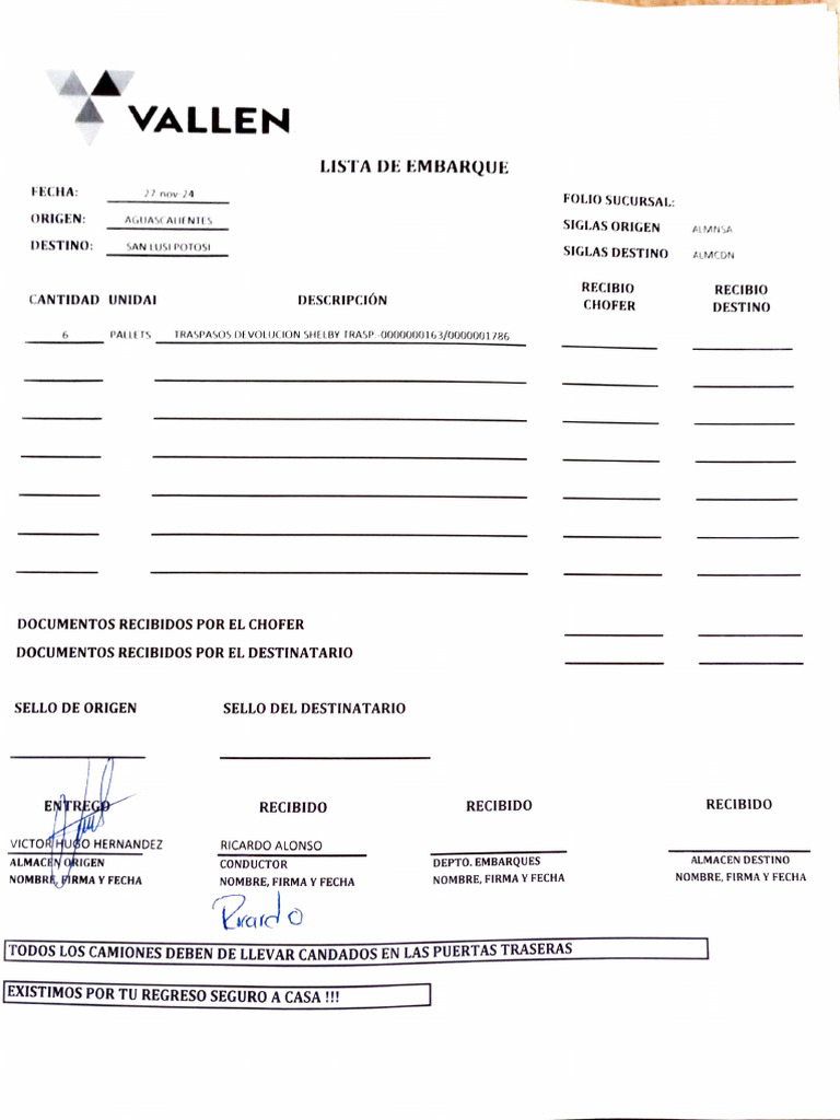 Lista de Embarque Shelby 28 Nov. 2024 | PDF