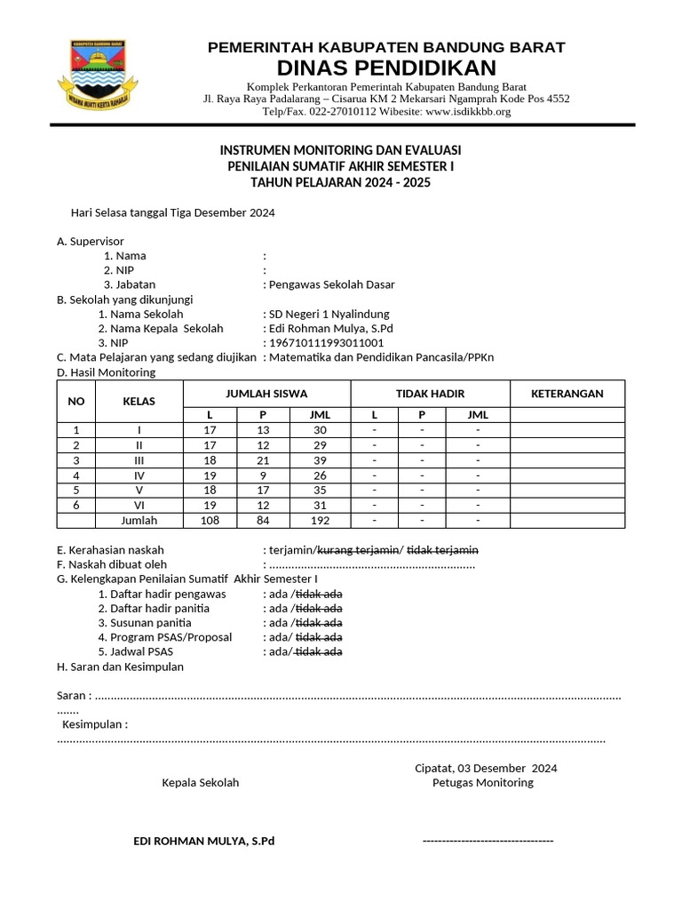 Lembar MONEV PSAS 1 2024 | PDF