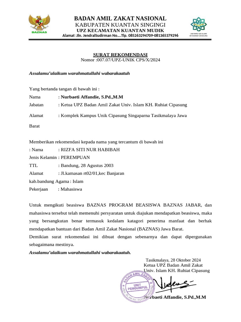 Surat Rekomendasi Upz Rizfa | PDF