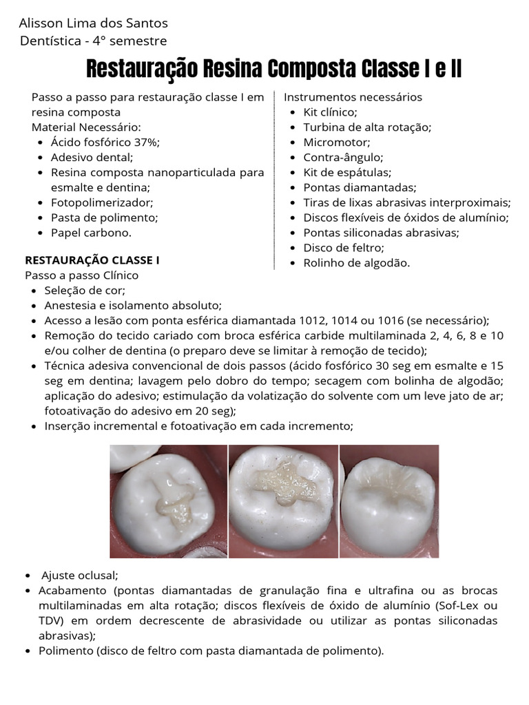 Restauração Resina Composta Classe I e II | PDF