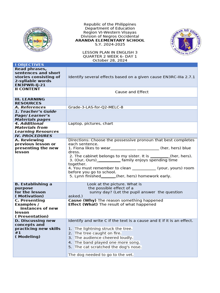 ENGLISH Q2 WEEK 1 | PDF | Learning | Lesson Plan