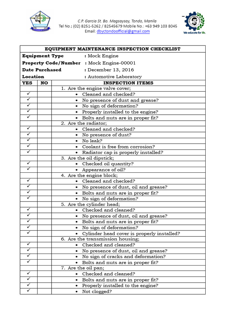 3 - EQUIPMENT MAINTENANCE INSPECTION CHECKLIST | PDF | Engines ...