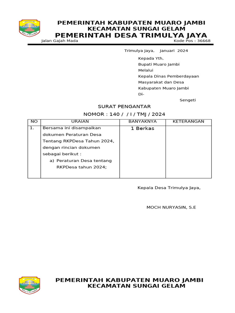 Surat Pengantar RKPDesa 2024 | PDF