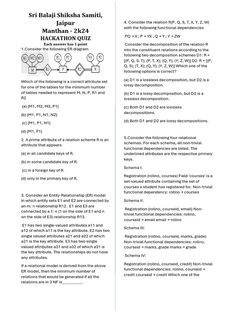 quiz paper | PDF | Relational Model | Integer (Computer Science)