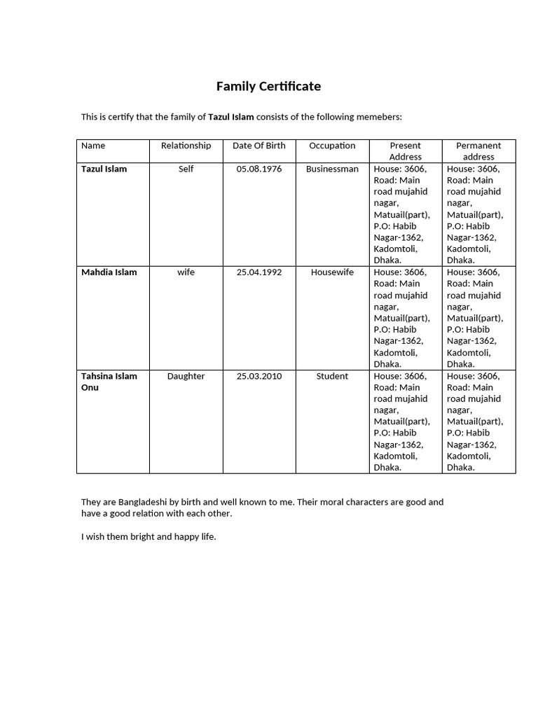 Sponser Family Certificate (Main) | PDF