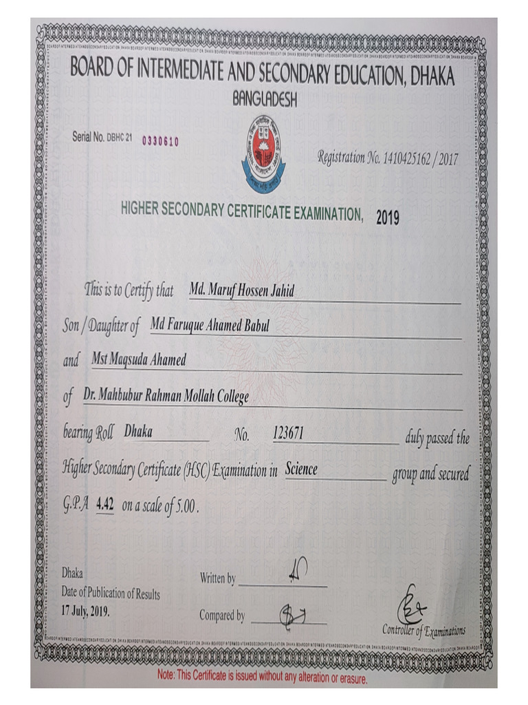 Hsc Certificate | PDF