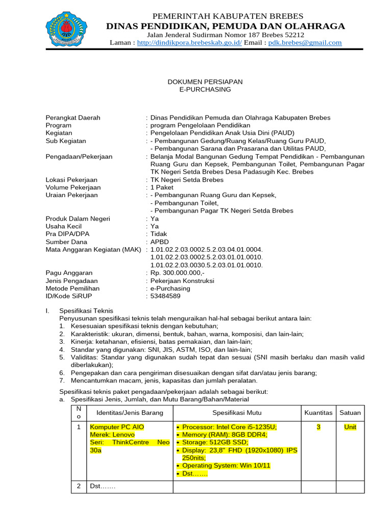 01 Template Dokumen Persiapan E-Purchasing | PDF