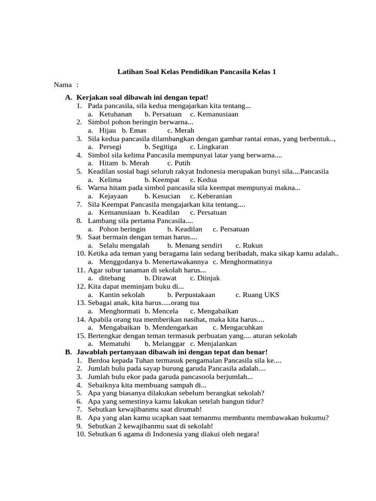 Latihan Soal Kelas Pendidikan Pancasila Kelas 1 | PDF