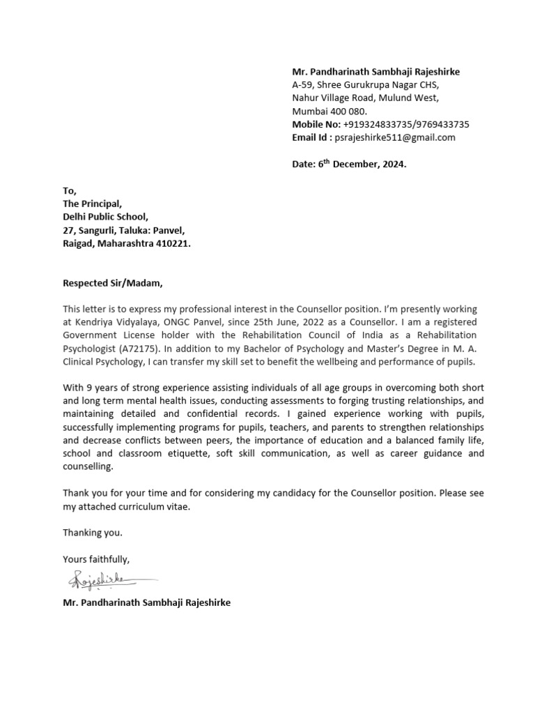 Covering Letter Delhi Public School Panvel Date 6th Dec 2024 | PDF