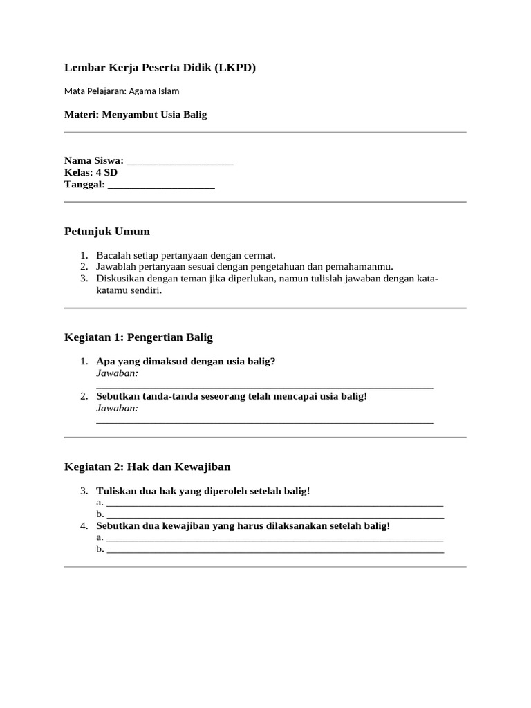 LKPD KLS 4 Usia Balig | PDF