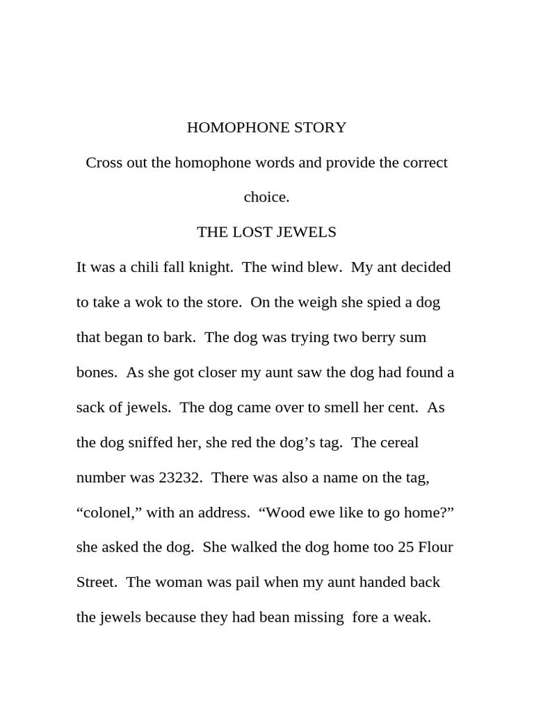 Homophone Story, The Lost Jewels | PDF