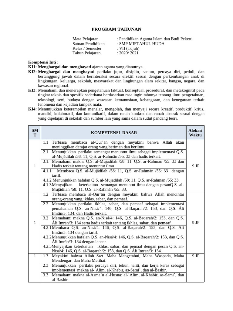 Program Tahunan PAI SMP Kelas 7 K13 | PDF